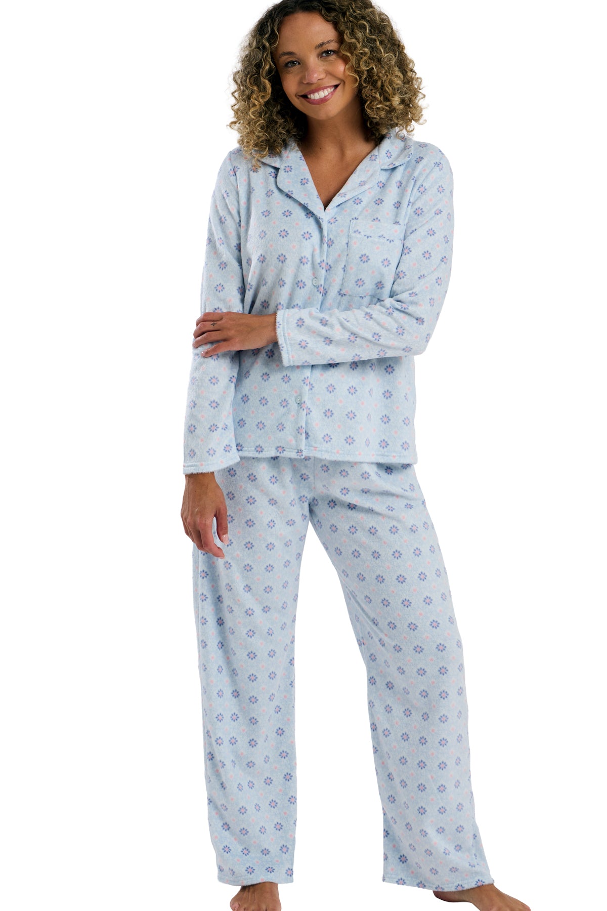 Soft & Cosy Fleece Revere Collar Button Front Pyjama Set | Indigo Sky